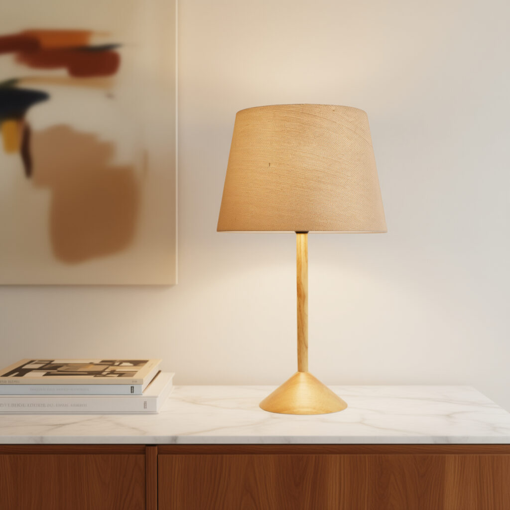 LLT Tex Hessian Table Lamp – Natural Timber & Linen Lighting